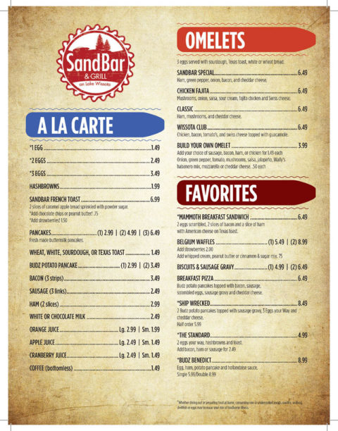 Our Food Menus | SandBar & Grill | Chippewa Falls, WI